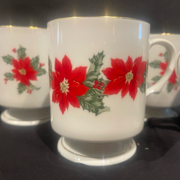 Dining | Lefton Footed Mug Set With Red Poinsettia Design | Poshmark